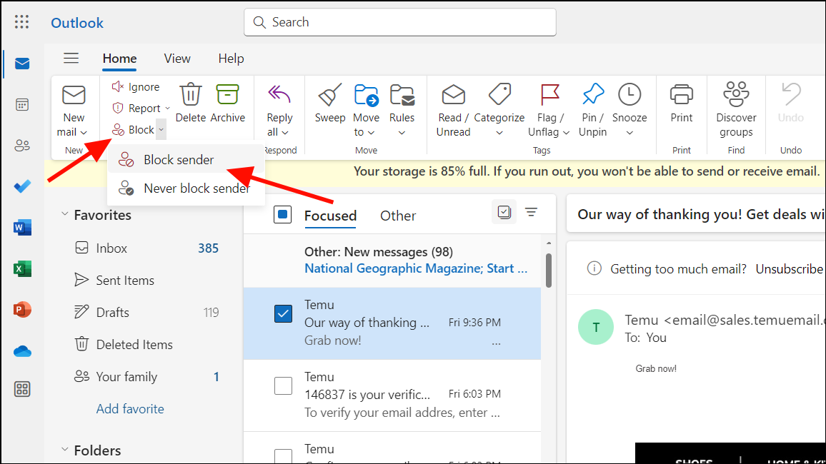 How to Block 'Temu' Spam Emails in Outlook
