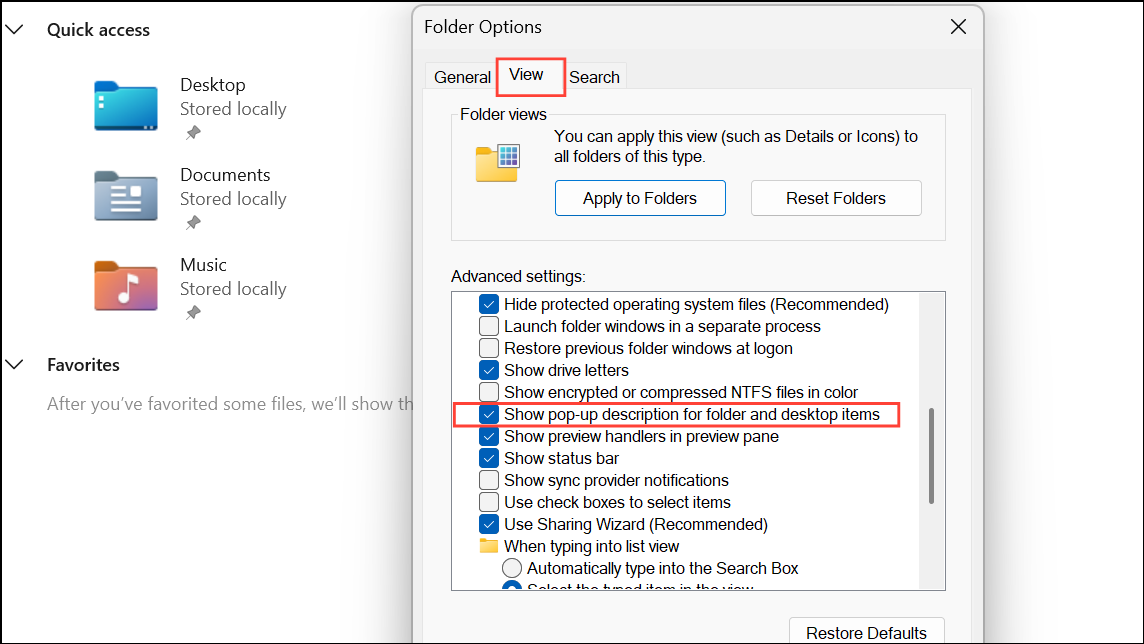 Turn Off Pop-up Descriptions for Desktop and Folder Items in Windows 11