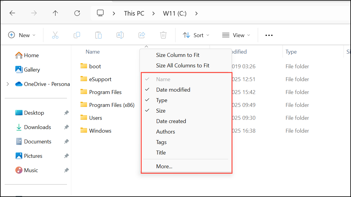 Add or Remove Columns in Windows 11 File Explorer