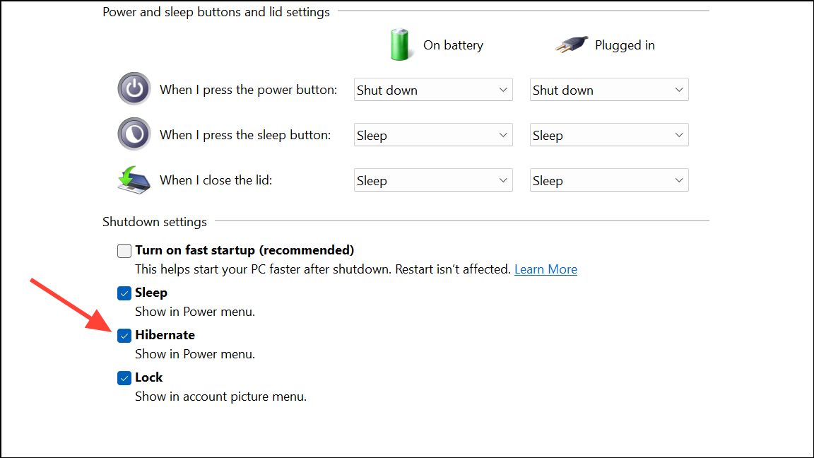 Show Hibernate in Power Button Options in Windows 11