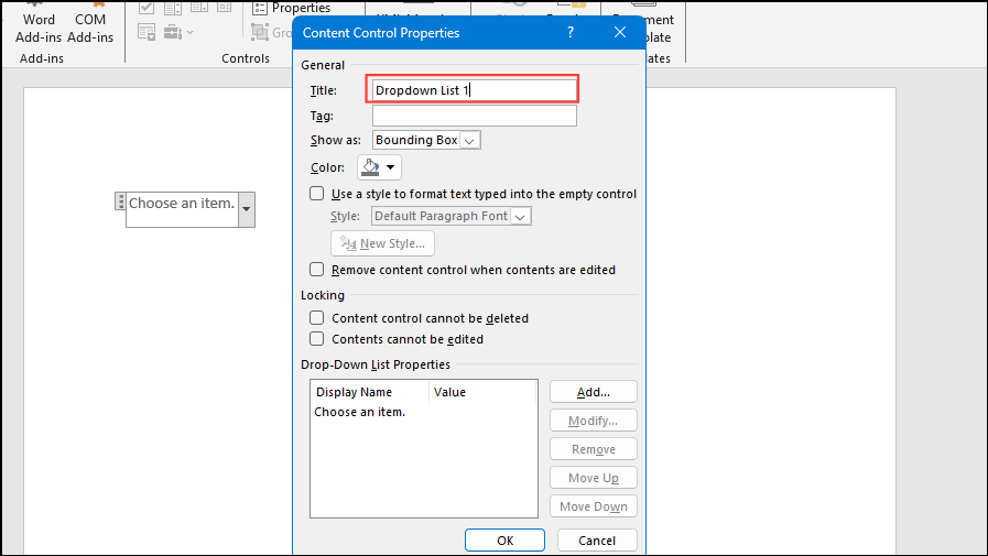 How to add a dropdown list to a Word document