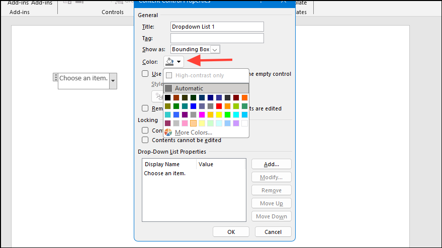 How to add a dropdown list to a Word document