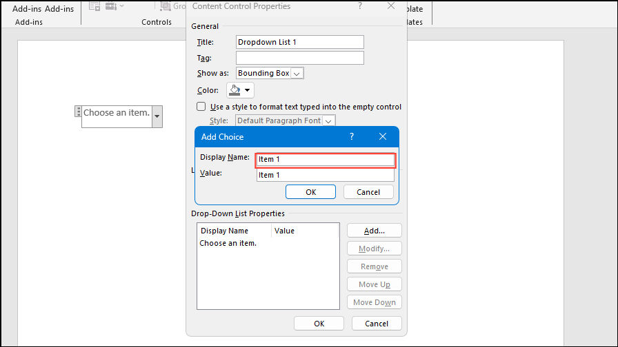 How to add a dropdown list to a Word document