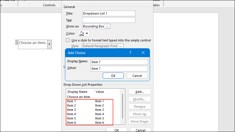 How to add a dropdown list to a Word document